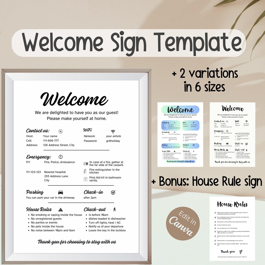 Airbnb Welcome Sign Template, Editable Welcome Guide Signage, Guest ...