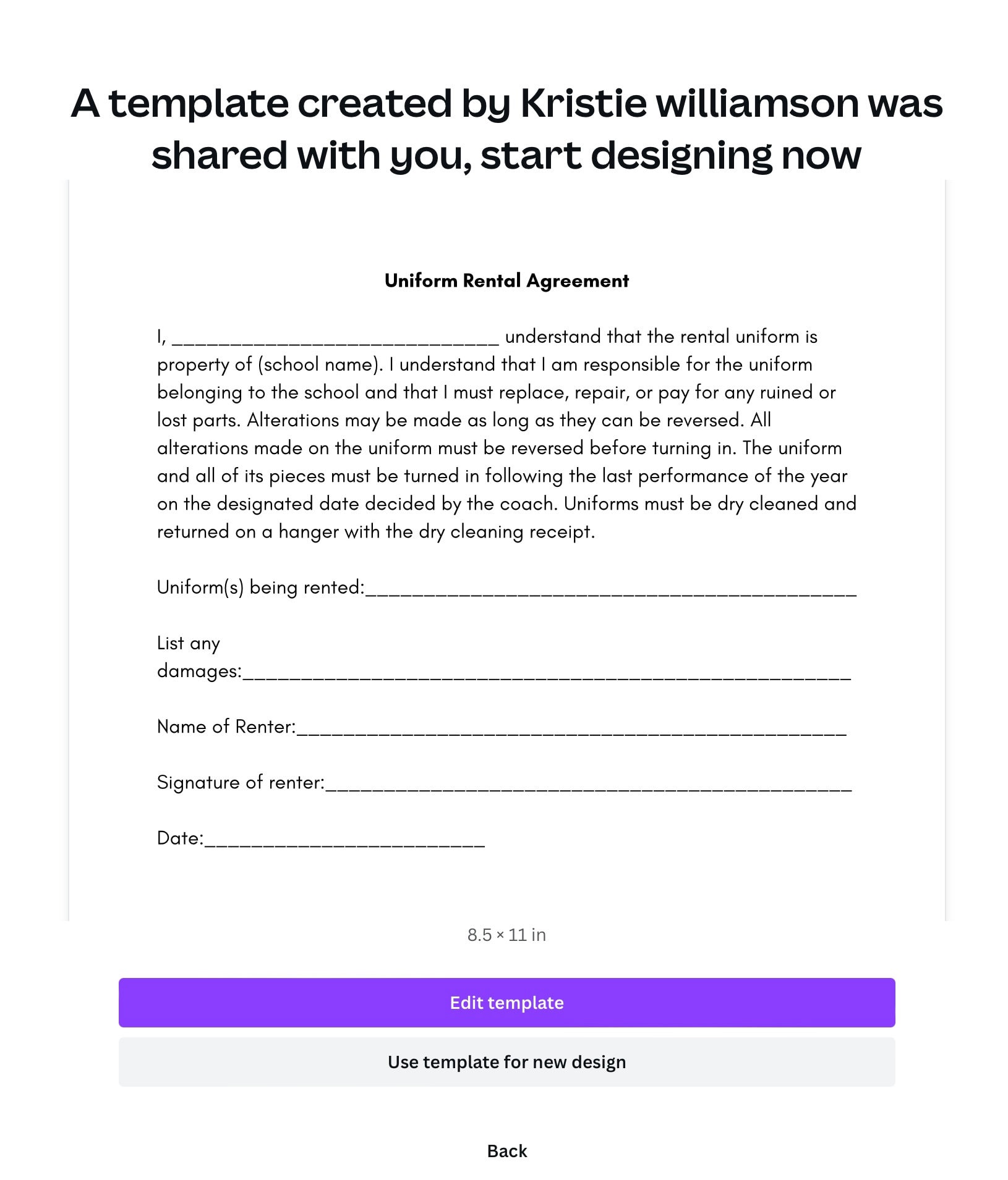 Cheerleading Uniform Rental Policy and Agreement Template (print and ...