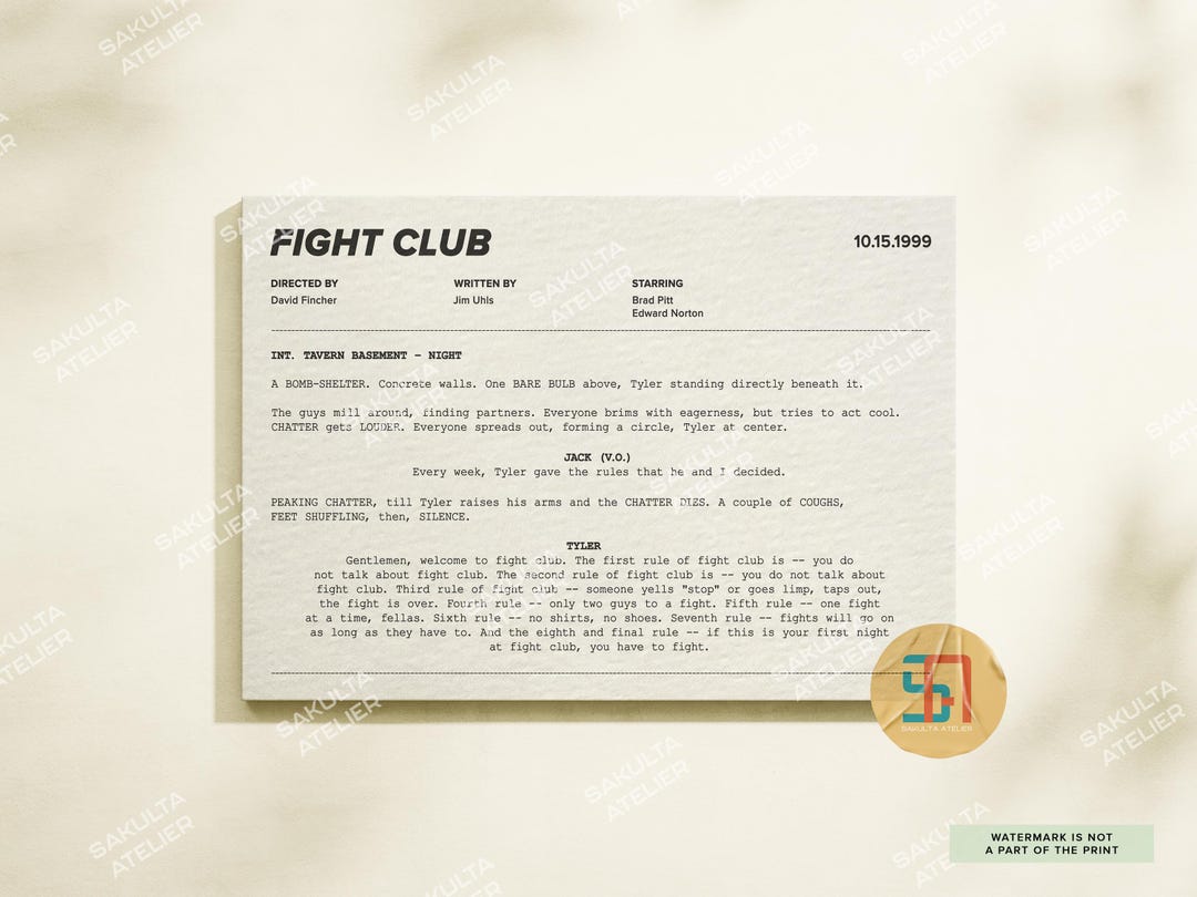 Fight Club The First Rule of Fight Club Drehbuch Poster / Filmzitat ...