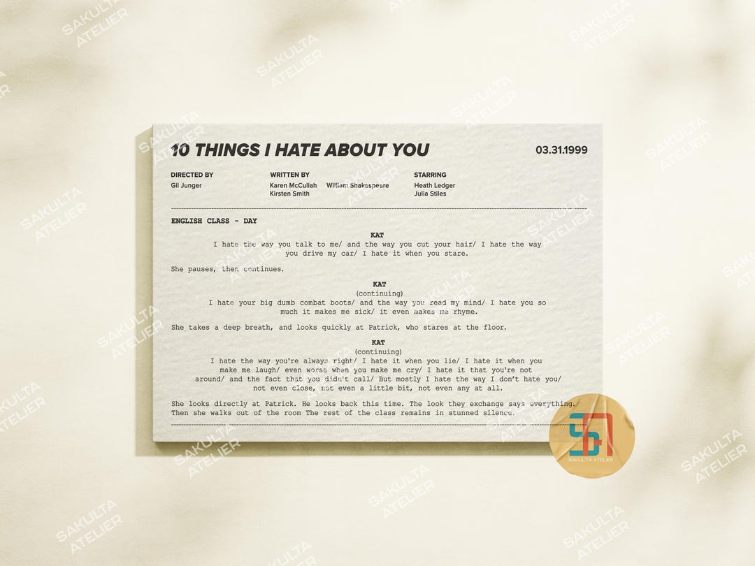 10 Things I Hate About You poem Screenplay Poster / Movie Quote Poster / Movie Script Print ...