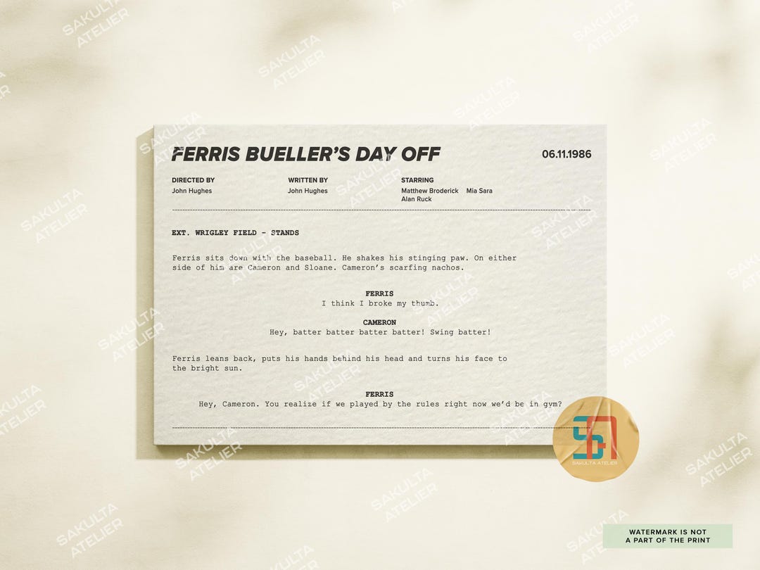 Ferris Bueller's Day off "hey, Batter Batter!" Screenplay Poster ...