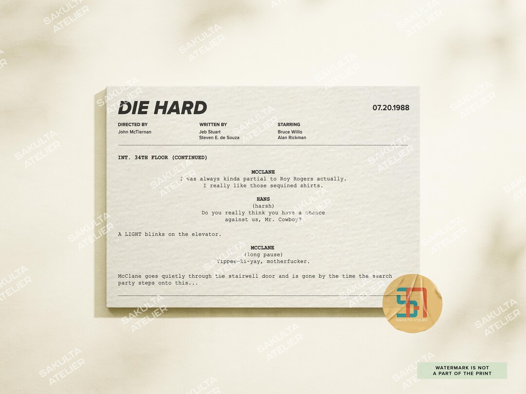 Die Hard yippee-ki-yay Screenplay Poster / Movie Quote Poster / Movie Script Poster / Movie ...