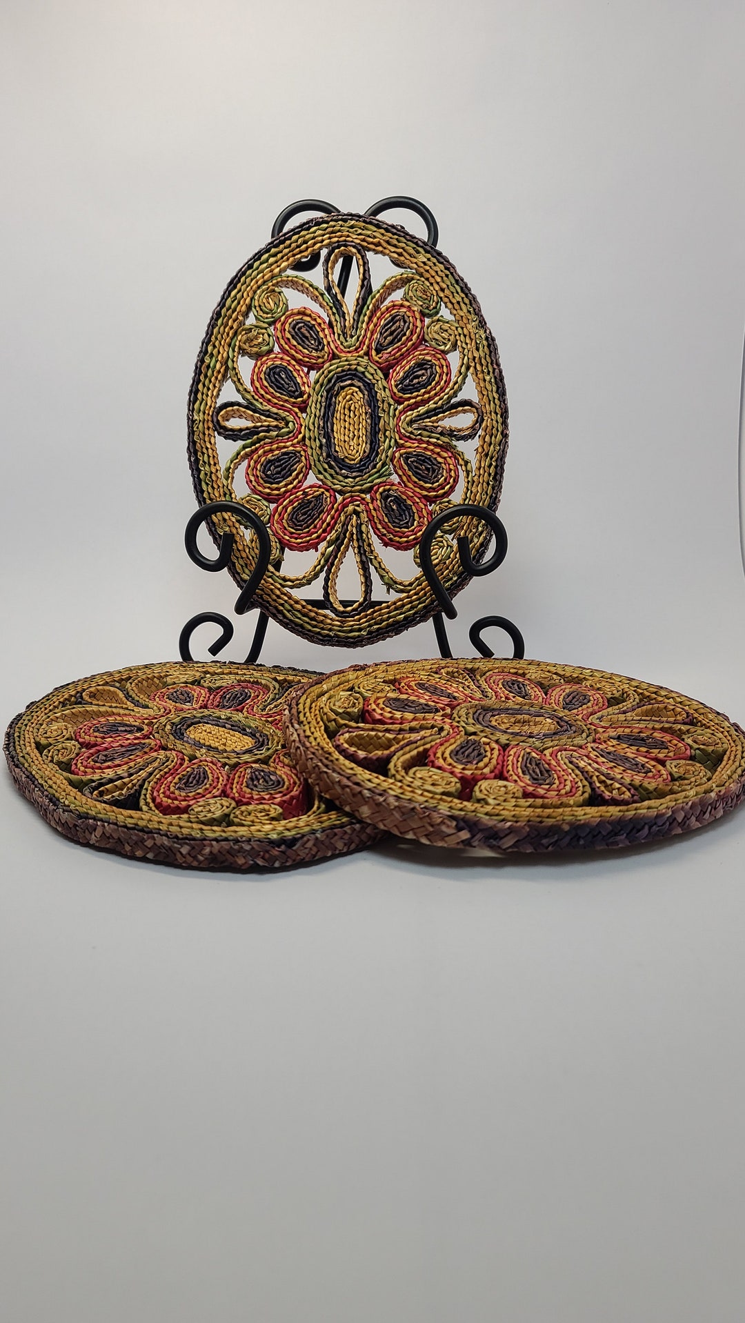 3 Colorful Straw Trivets - Etsy