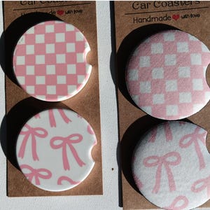 Pink Car Coaster Cute Preppy Retro Check Pink Coquette Bows Car ...