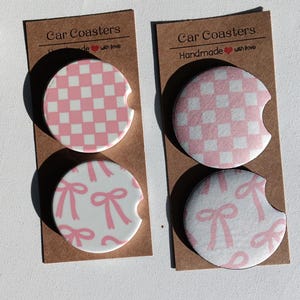 Pink Car Coaster Cute Preppy Retro Check Pink Coquette Bows Car ...