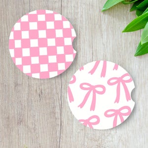 Pink Car Coaster Cute Preppy Retro Check Pink Coquette Bows Car ...
