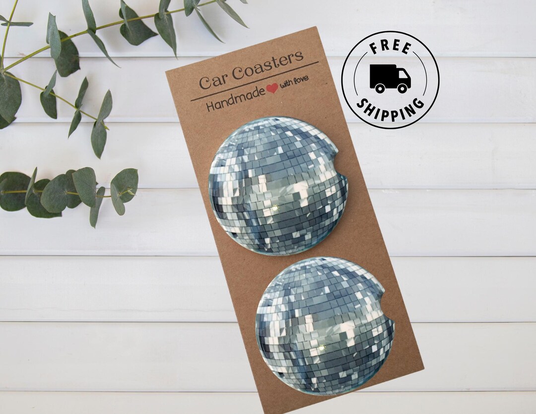 Set of 2 Black Disco Ball Car Coasters Easy Clean Neoprene Cute Car ...
