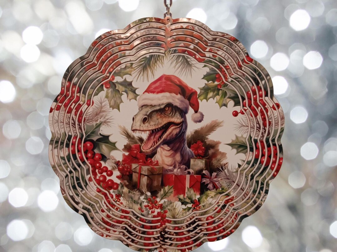Aluminum Christmas T-rex Wind Spinner Ornament - Indoor/outdoor Decor ...