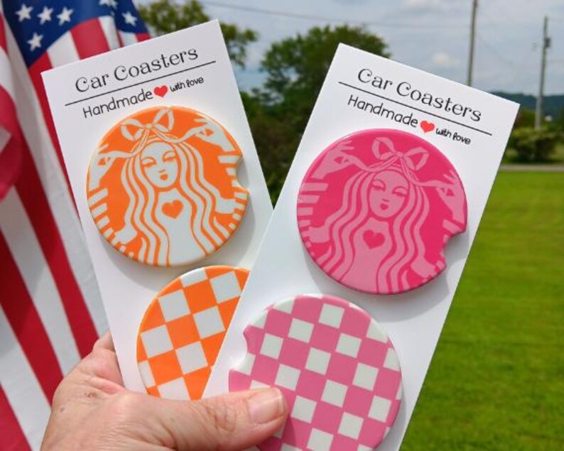 Custom Ceramic Car Coaster Cute Pink Car Accessories Orange Starbucks ...