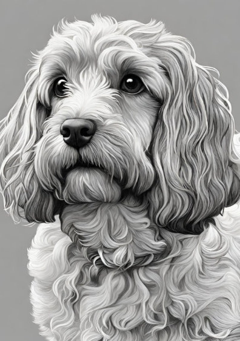 Cockapoo Line Drawing Prints, Greyscale, Wall Art, Digital Downloads ...