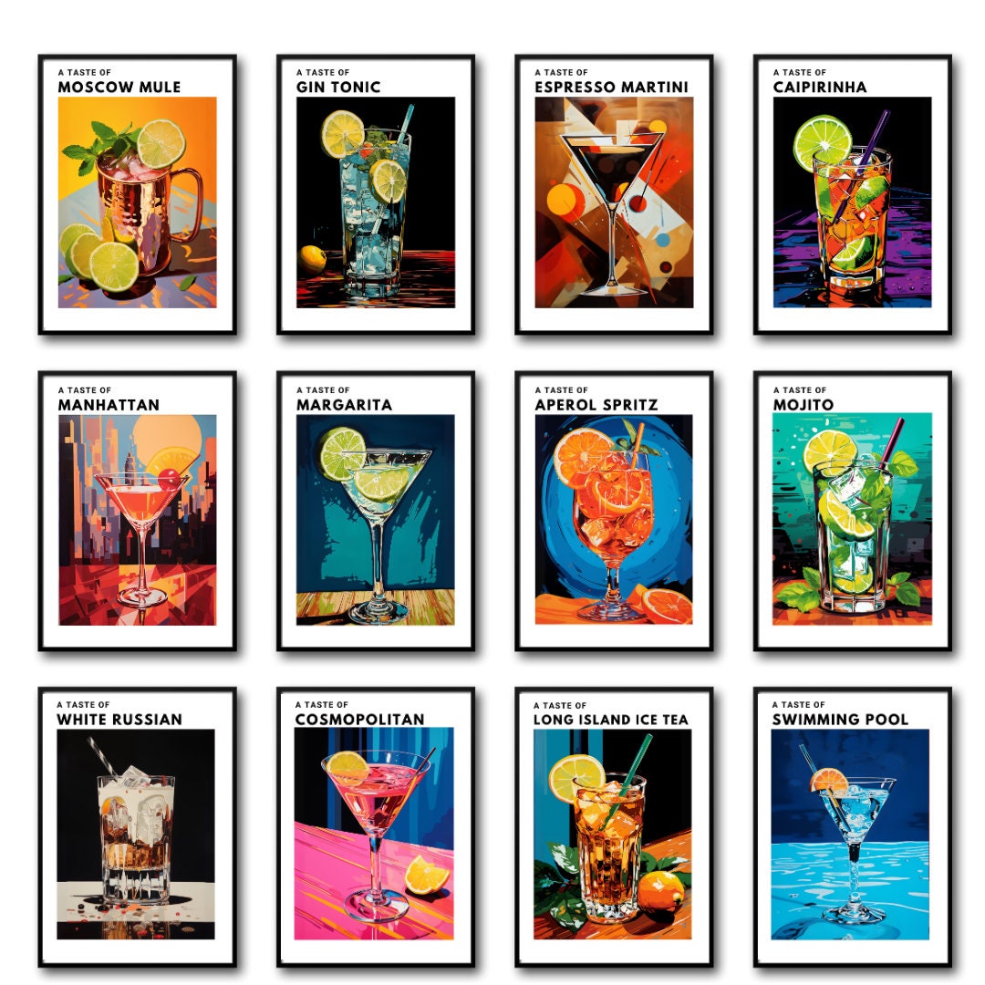 12 Modern Cocktail Posters Cocktails Set of 12 Images Posters Alcohol ...
