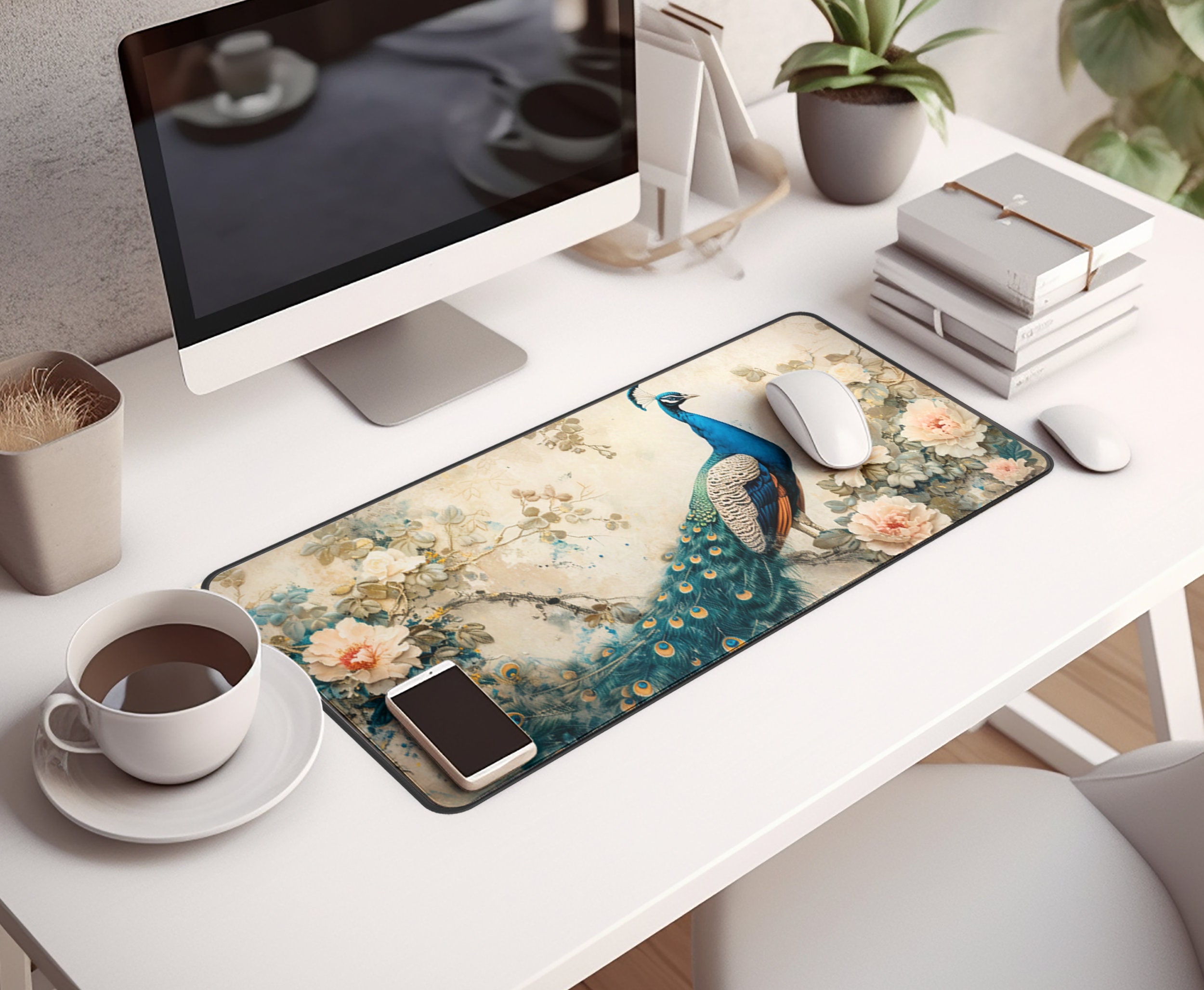 Gold Peacock Art Deskmat Watercolor Peacock Deskpad Mouse Pad Designs ...
