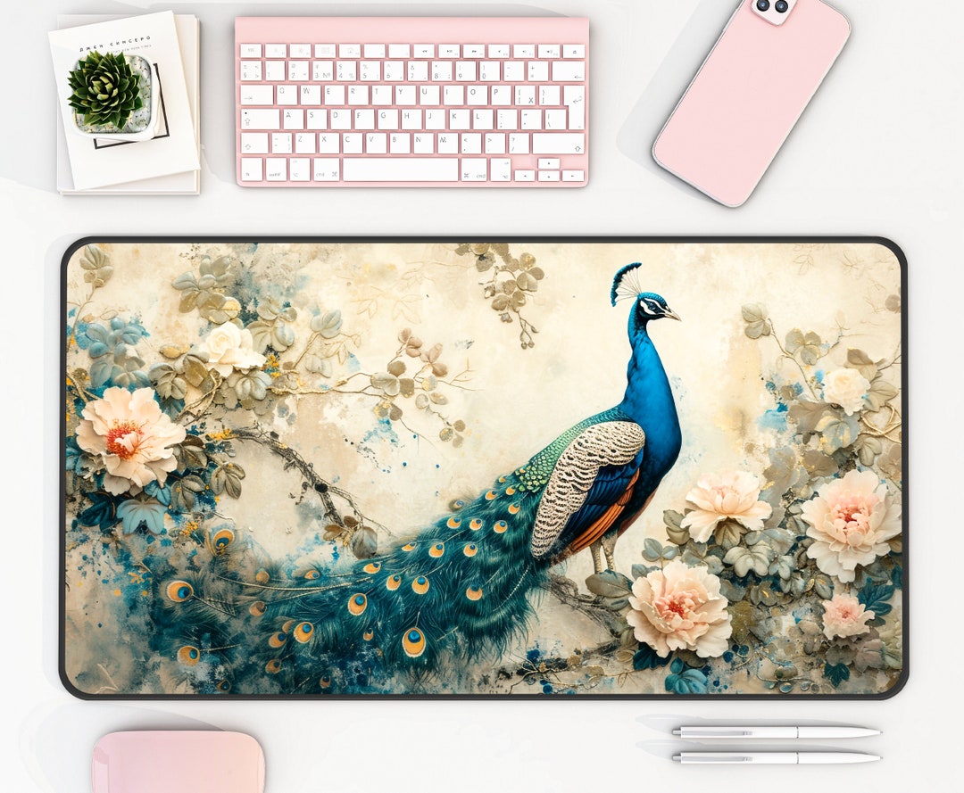 Gold Peacock Art Deskmat Watercolor Peacock Deskpad Mouse Pad Designs ...