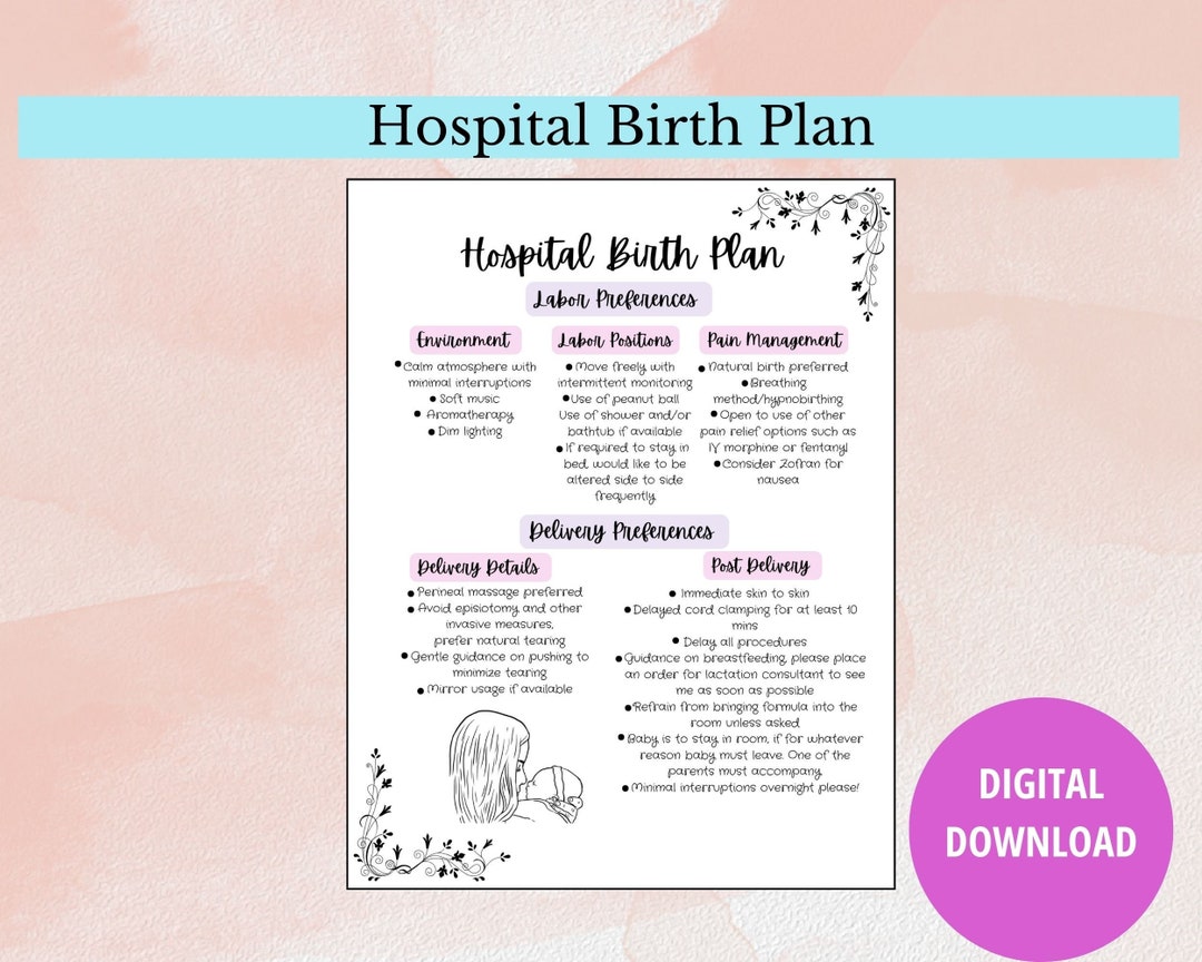 Printable Hospital Birth Plan, Birthing Preferences, Labor Preference ...