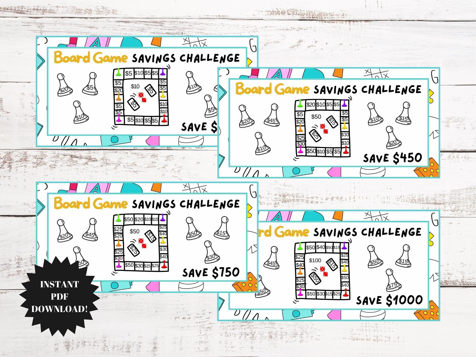 A6 Board Game Savings Challenge Bundle: Colorful Trackers (PDF ...