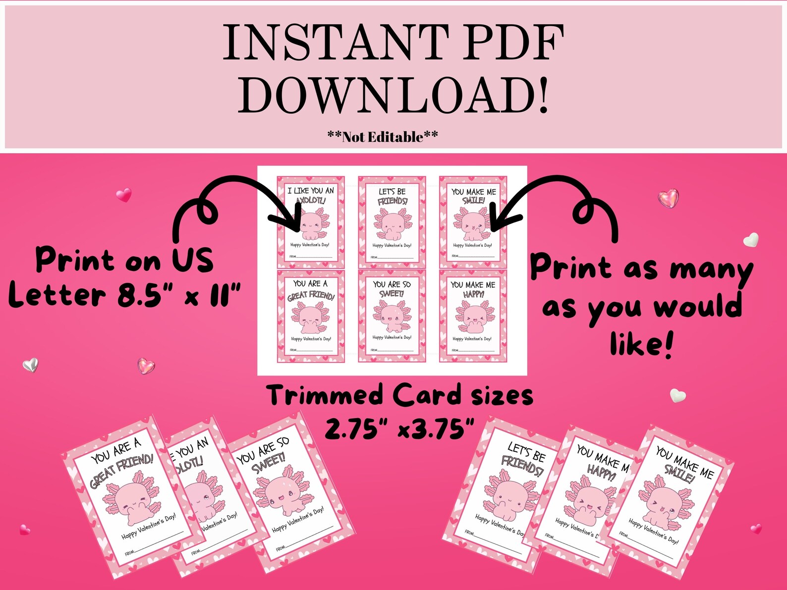 Printable Axolotl Valentine Cards, Classroom Valentine's Day Cards for ...