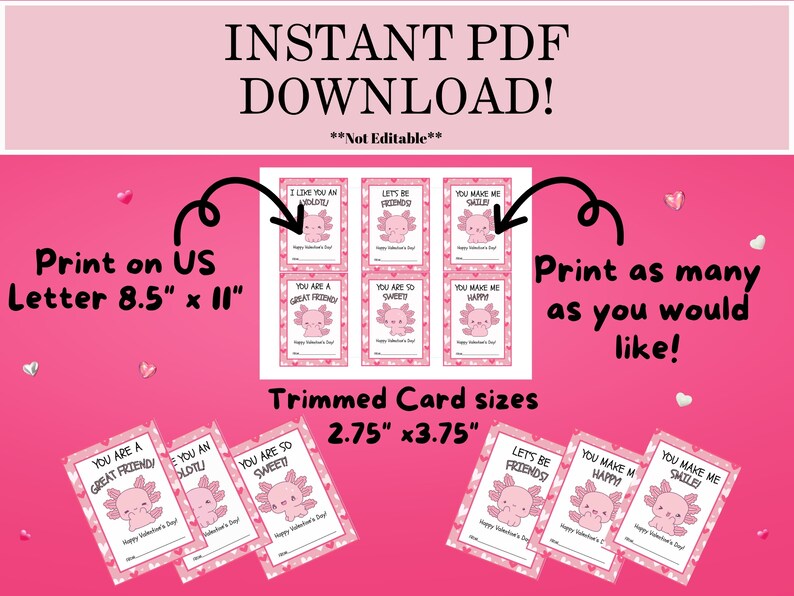 Printable Axolotl Valentine Cards, Classroom Valentine's Day Cards for ...