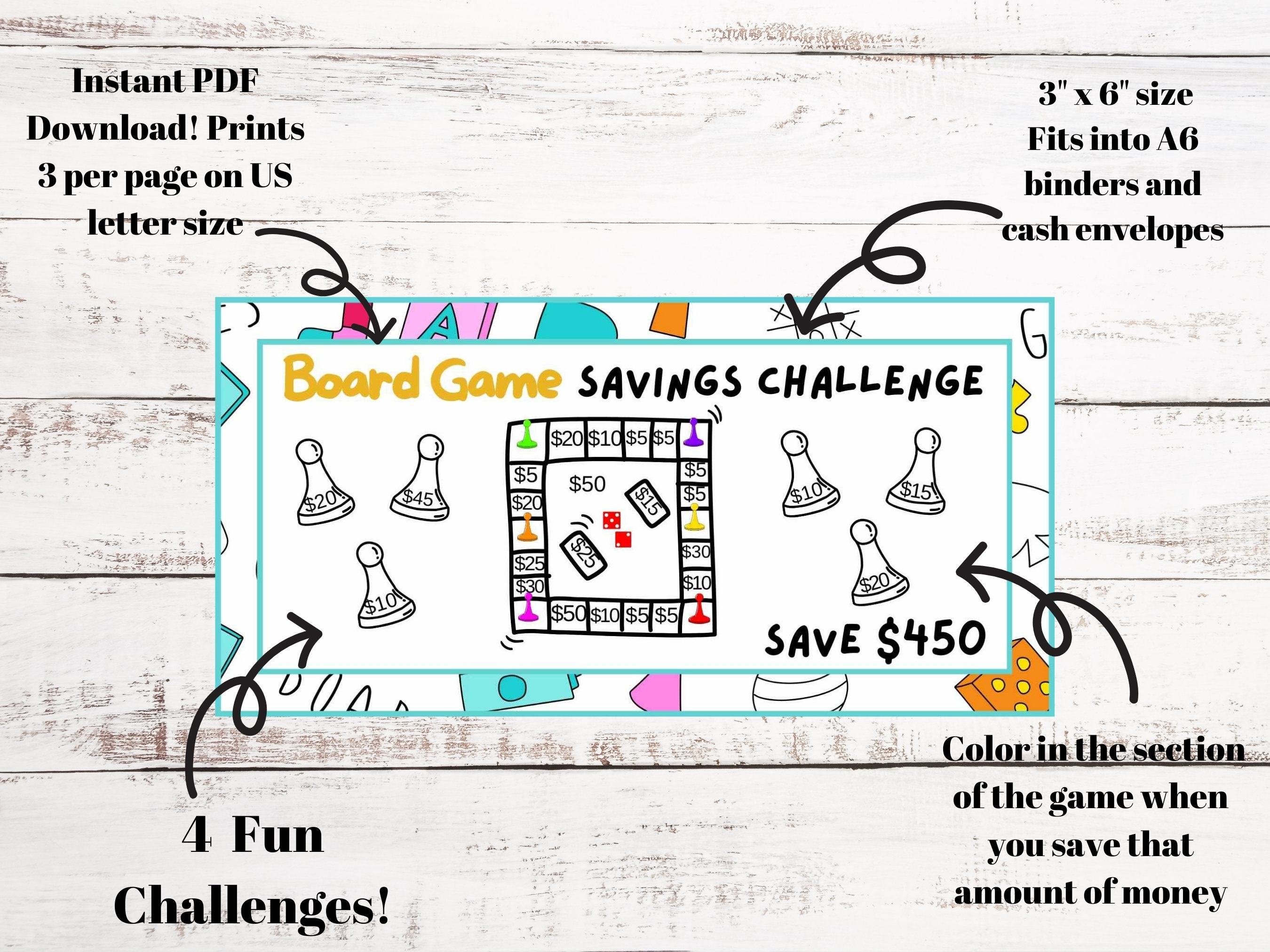 A6 Board Game Savings Challenge Bundle: Colorful Trackers (PDF ...