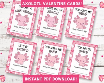 Printable Axolotl Valentine Cards, Classroom Valentine's Day Cards for ...