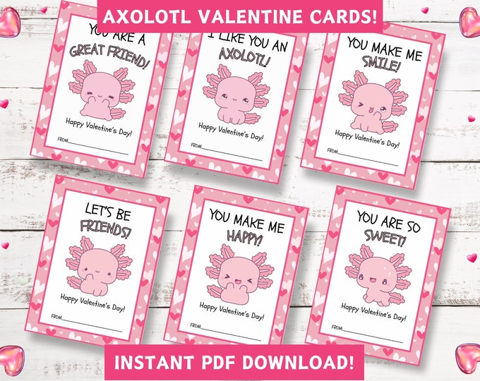 Printable Axolotl Valentine Cards, Classroom Valentine's Day Cards for ...
