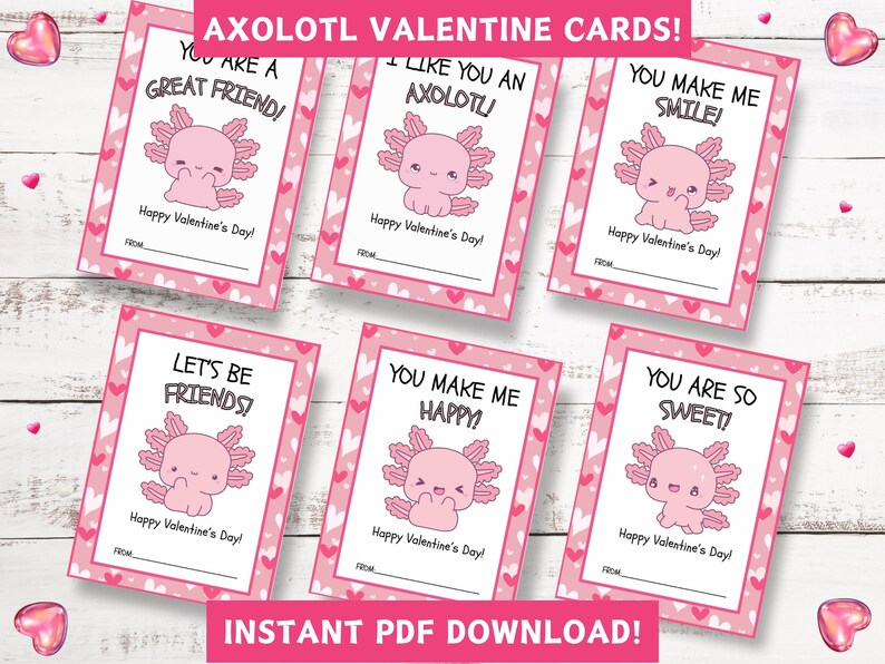 Printable Axolotl Valentine Cards, Classroom Valentine's Day Cards for Kids, Valentines Cards ...
