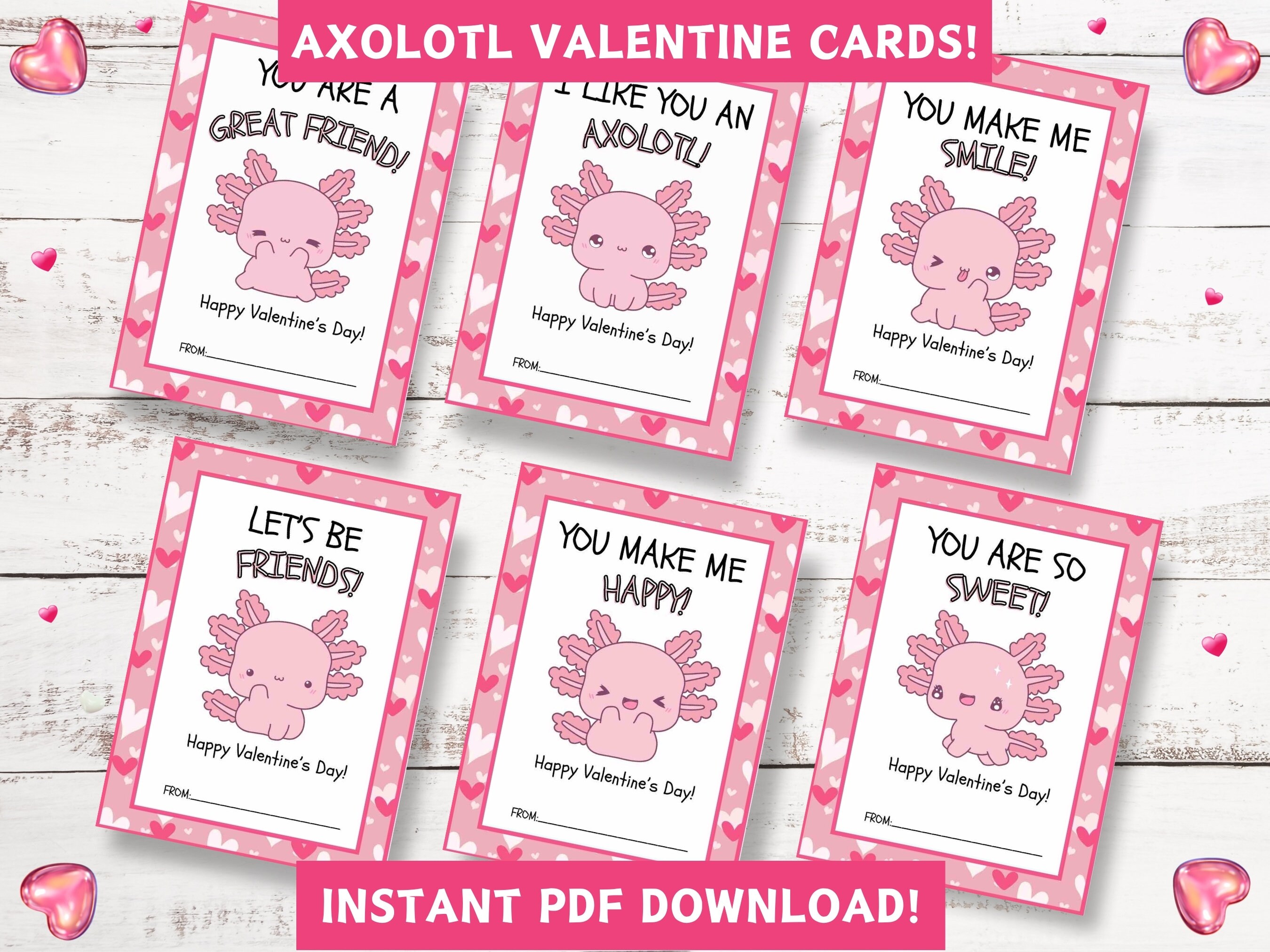 Printable Axolotl Valentine Cards, Classroom Valentine's Day Cards for ...