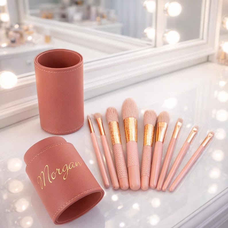 Personalized Makeup Brush Set, Vegan Leather Case, Travel Brushes ...