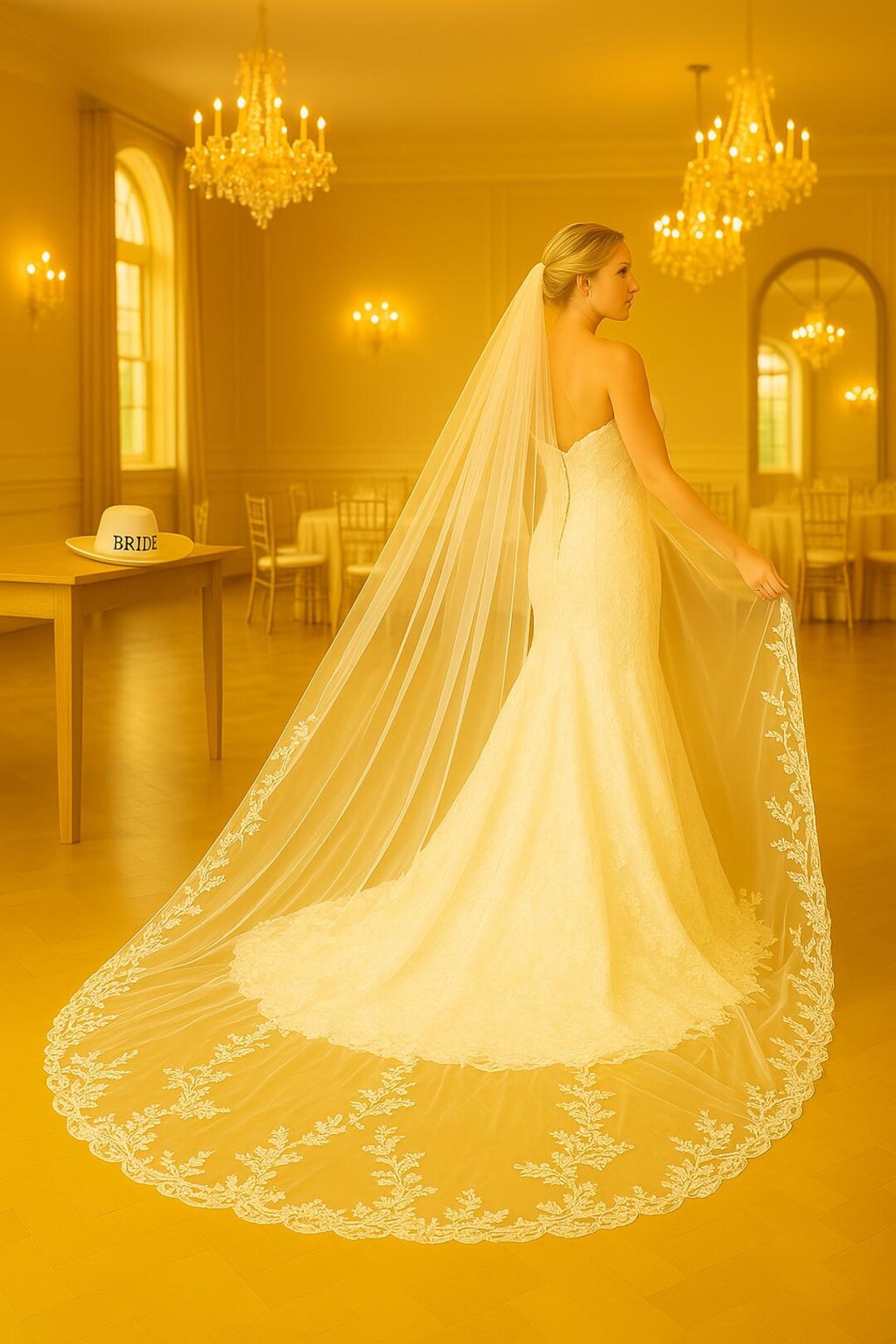 Long Lace Bride Veil Patchwork Bridal Veils for Women Bachelorette ...