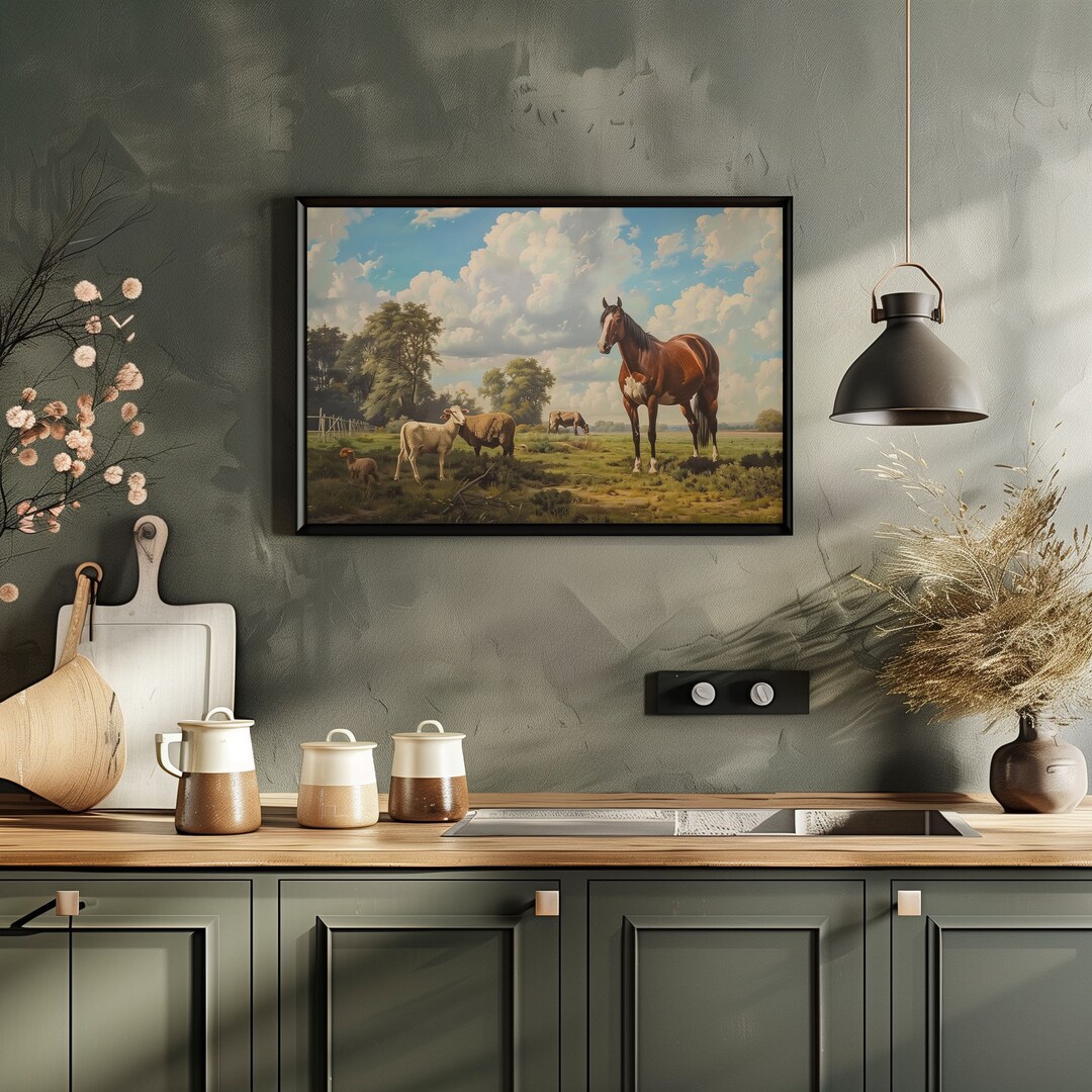 Farmhouse Animal Neoclassical Oil Painting Print Horse Sheep and Cattle ...