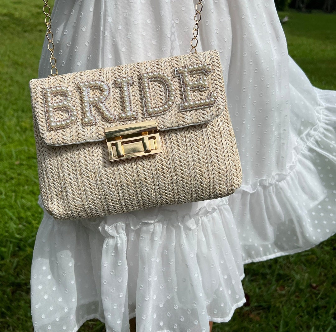 Bride Straw Clutch Bag, Pearl Bridal Purse, Straw Bride Handbag ...