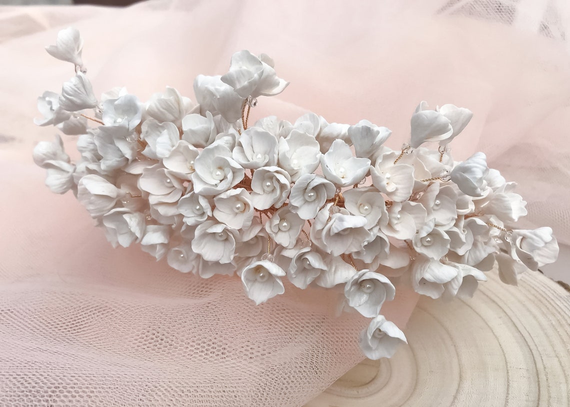 Bridal Clay Flowers Tiara, Bridal Floral Tiara, Bridal Floral Headpiece ...