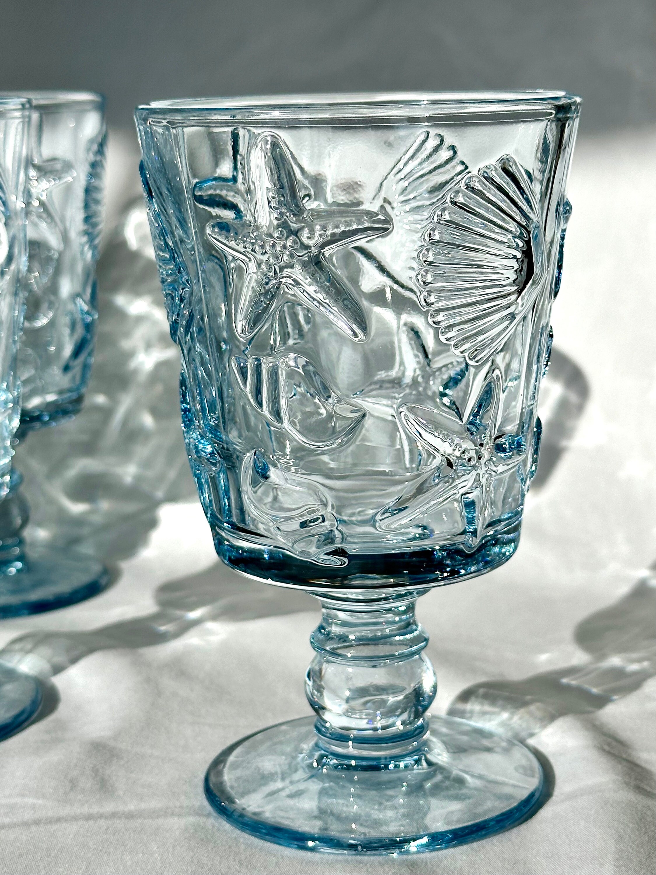 Set of Antique Ocean Blue Seashell, Starfish and Marine Life Etched ...