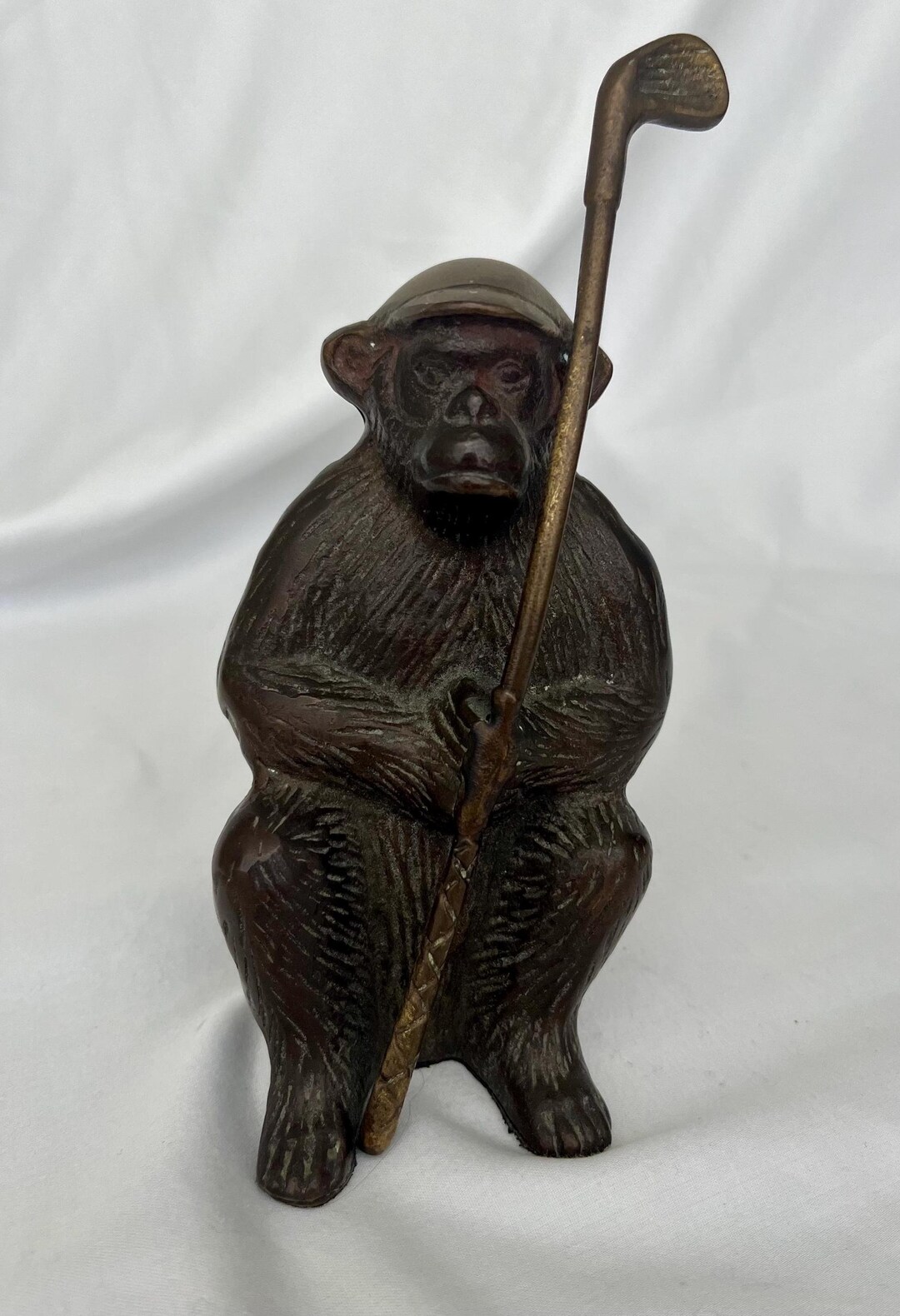 Vintage Brass Monkey / Chimpanzee Golfer Statue Holding a Golf Club and ...