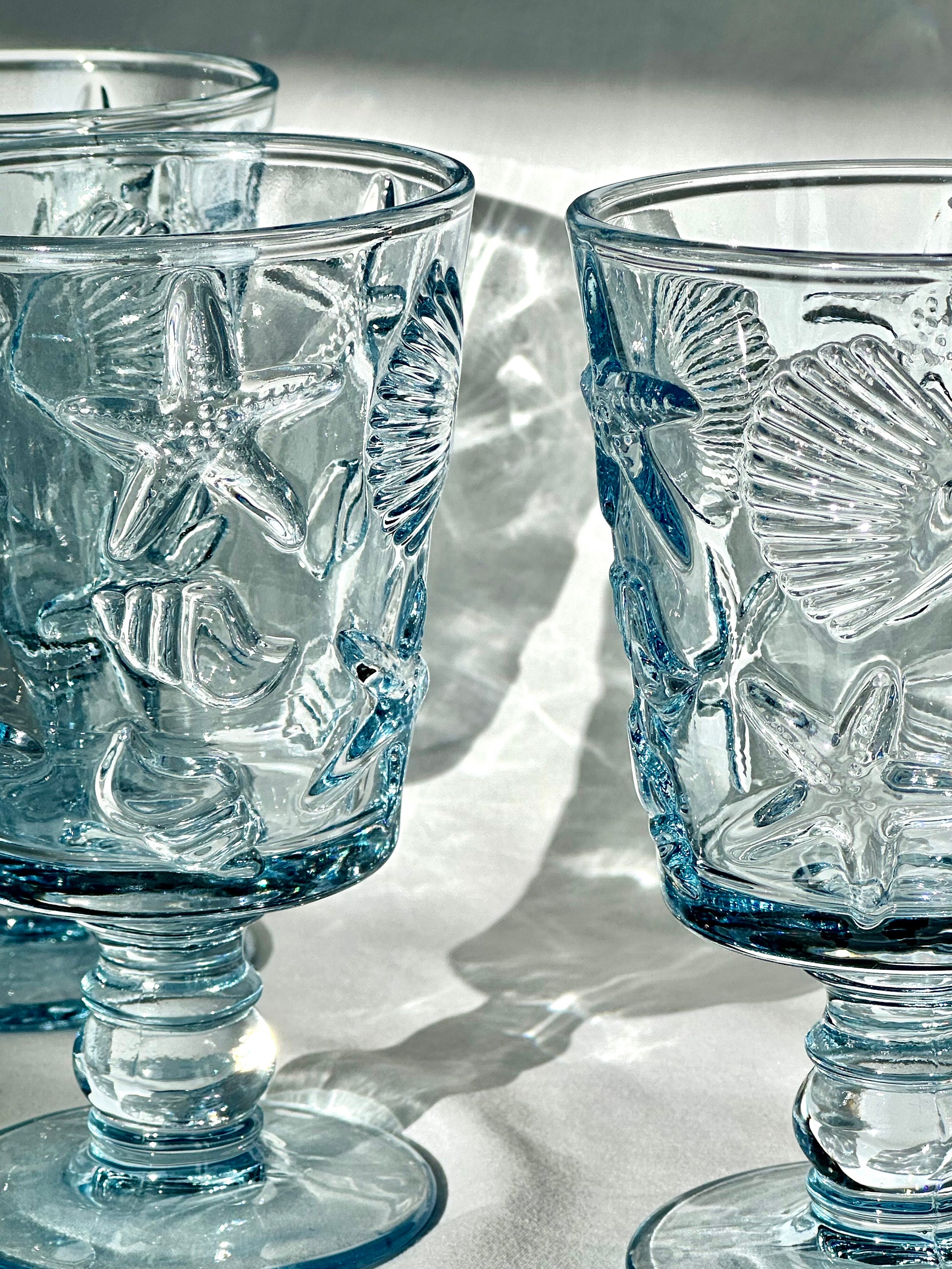 Set of Antique Ocean Blue Seashell, Starfish and Marine Life Etched ...