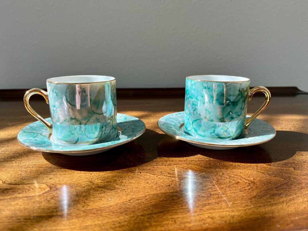 Vintage Set of Small Coffee Cups and Plates Marbled Design With Golden ...
