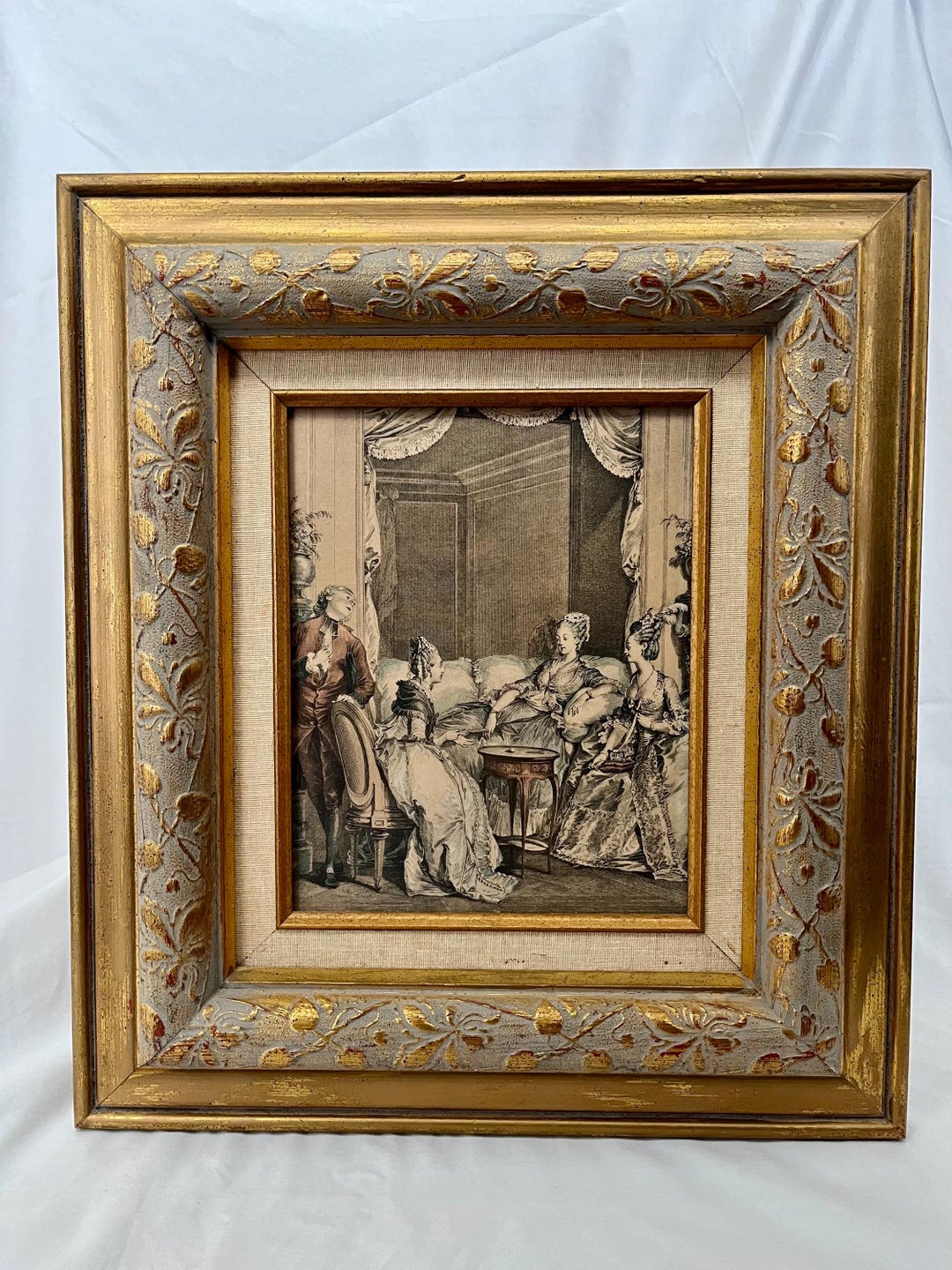 Antique Pair of French Engravings in a Heavy Gold Wooden Frame L ...