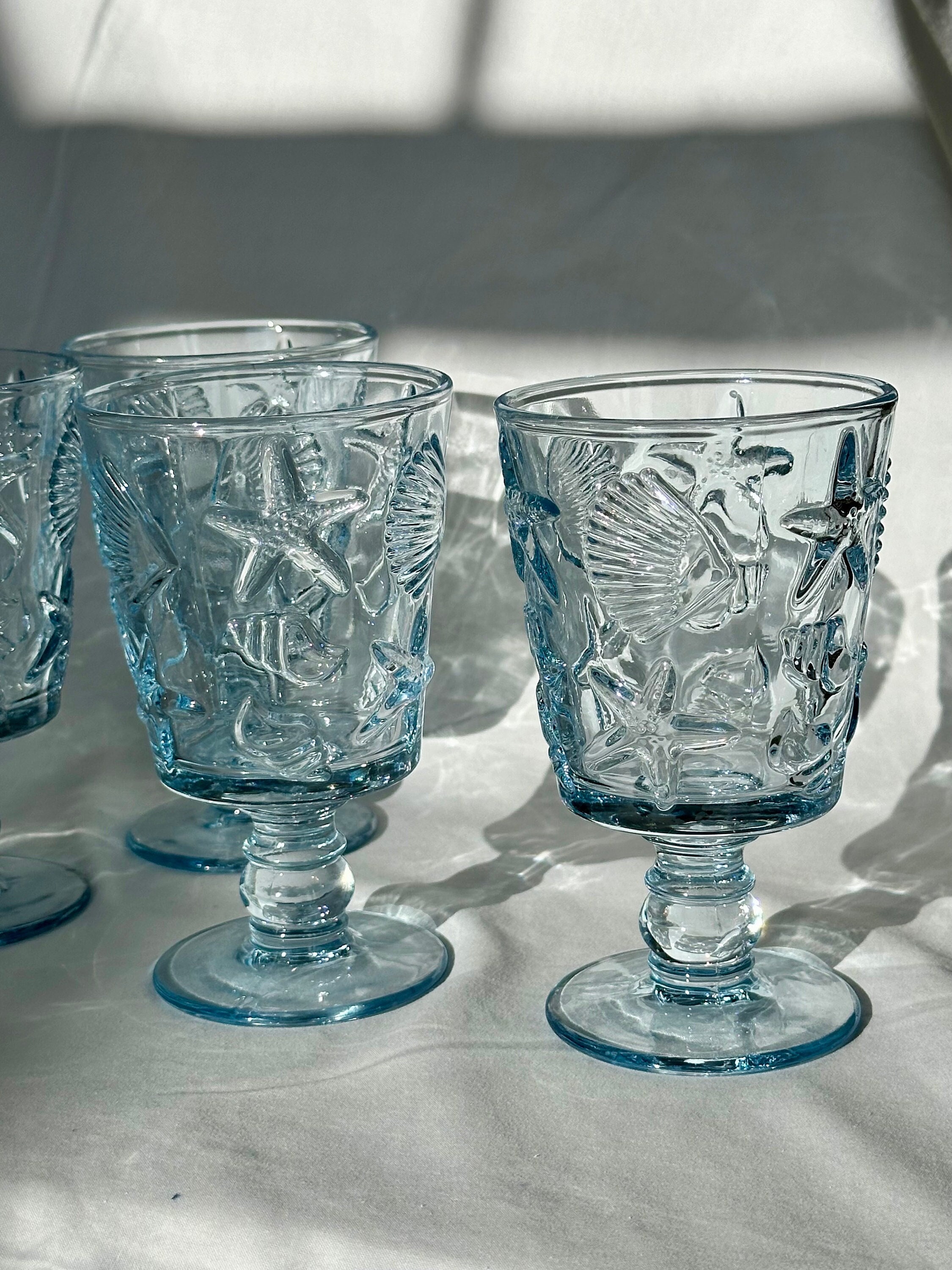 Set of Antique Ocean Blue Seashell, Starfish and Marine Life Etched ...