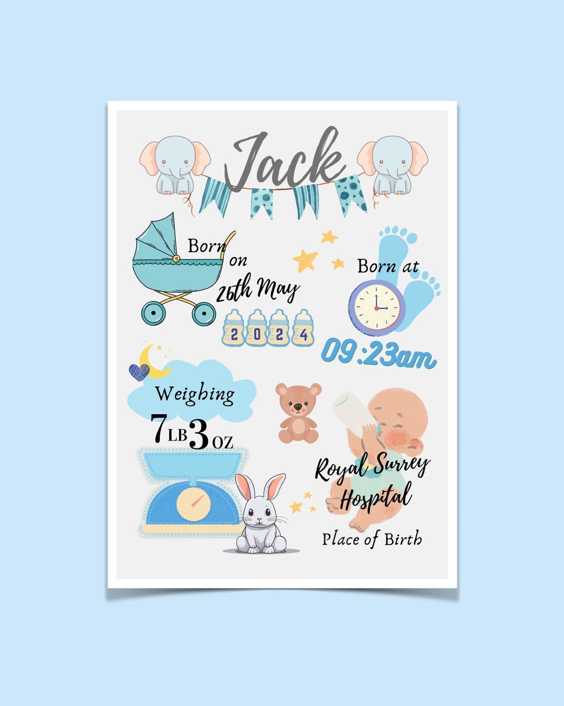 Personalised New Baby Digital Download Art With Dob/birth Place/birth ...