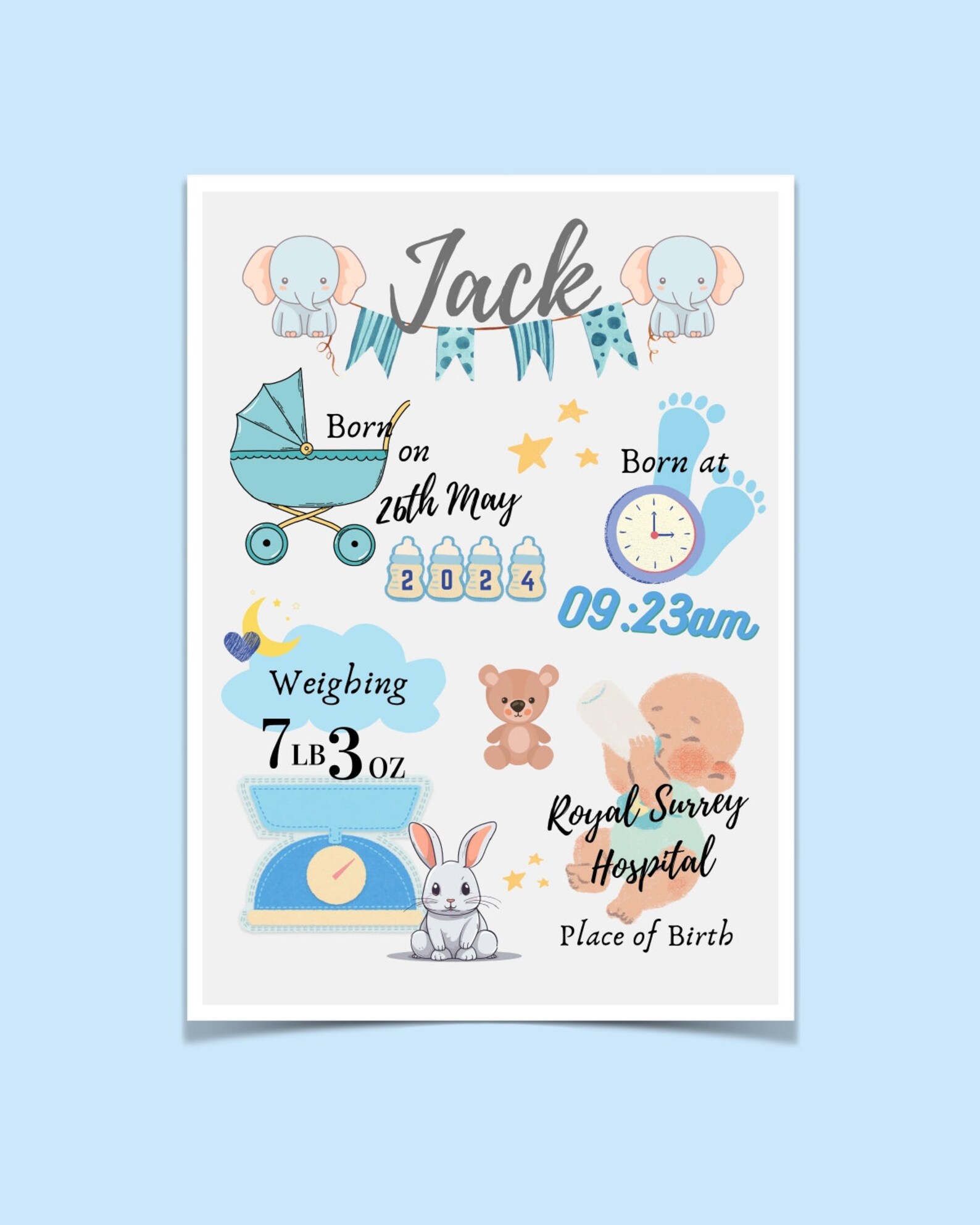 Personalised New Baby Digital Download Art With Dob/birth Place/birth ...