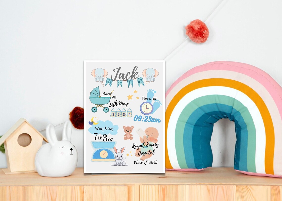 Personalised New Baby Digital Download Art With Dob/birth Place/birth ...