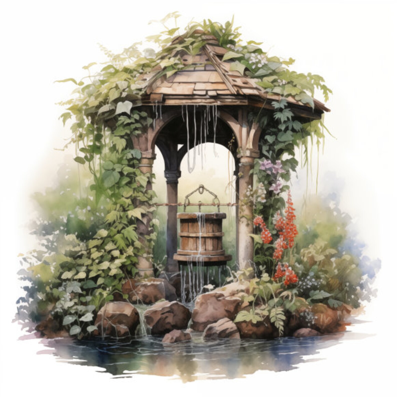 4 High Quality Wishing Well Watercolor Art PRINTABLE Art Ai Art ...
