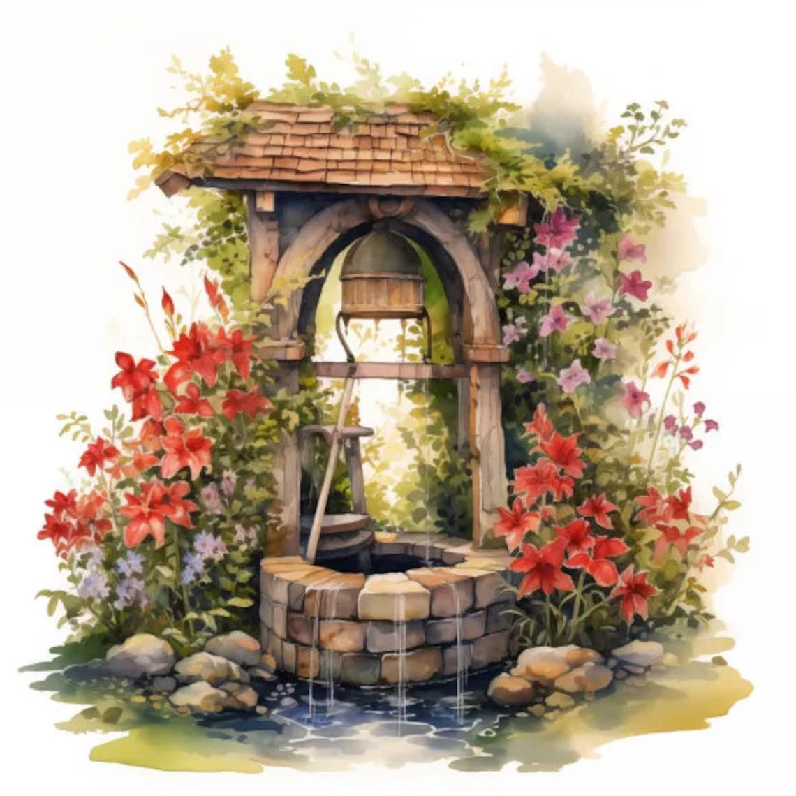4 High Quality Wishing Well Watercolor Art PRINTABLE Art Ai Art ...