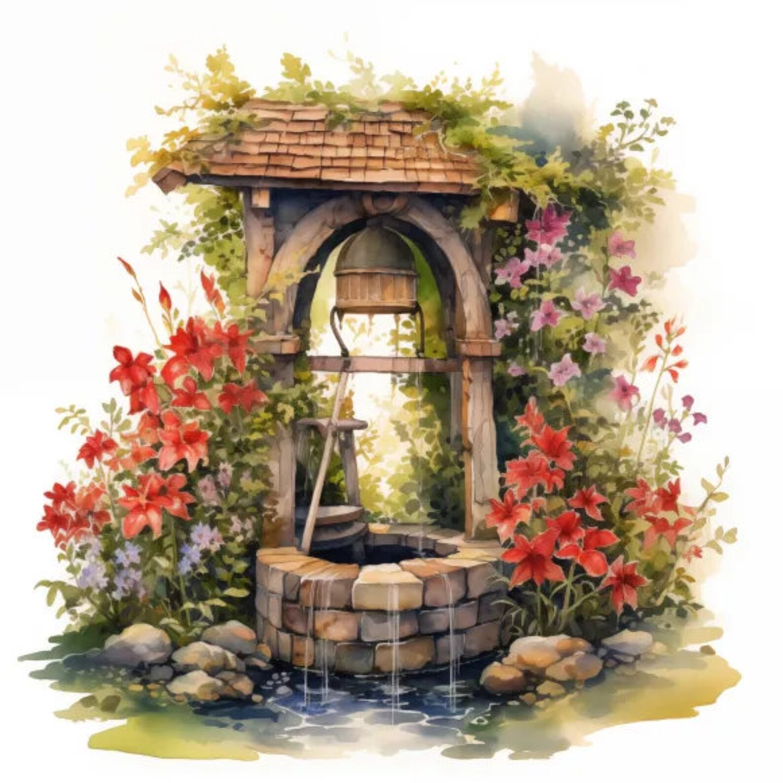 4 High Quality Wishing Well Watercolor Art PRINTABLE Art Ai Art ...