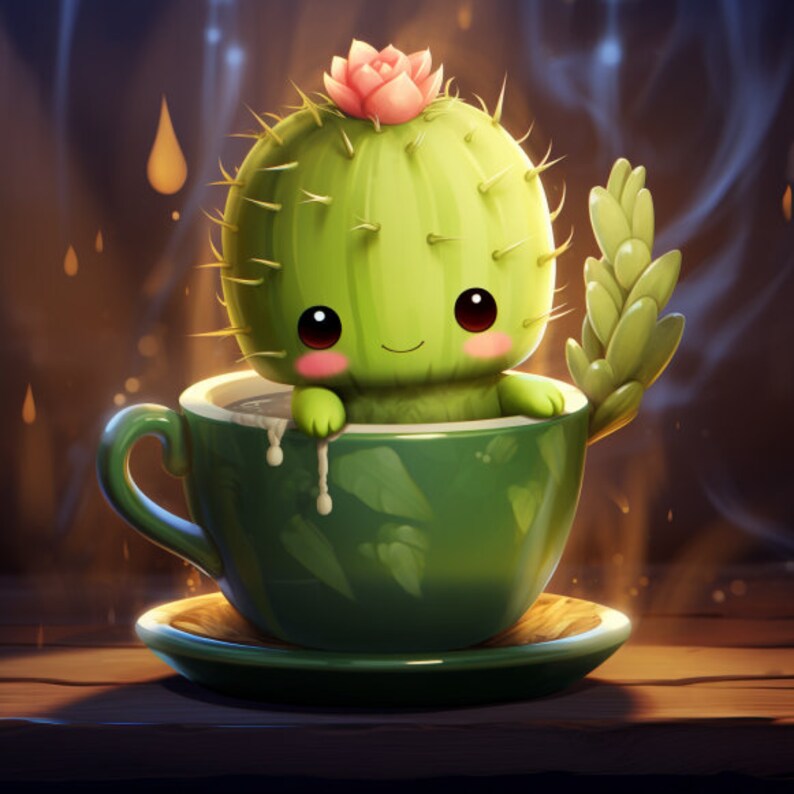 Anime Chibi Cactus Teacup Cartoon Inspired Wall Art PRINTABLE Art Ai ...