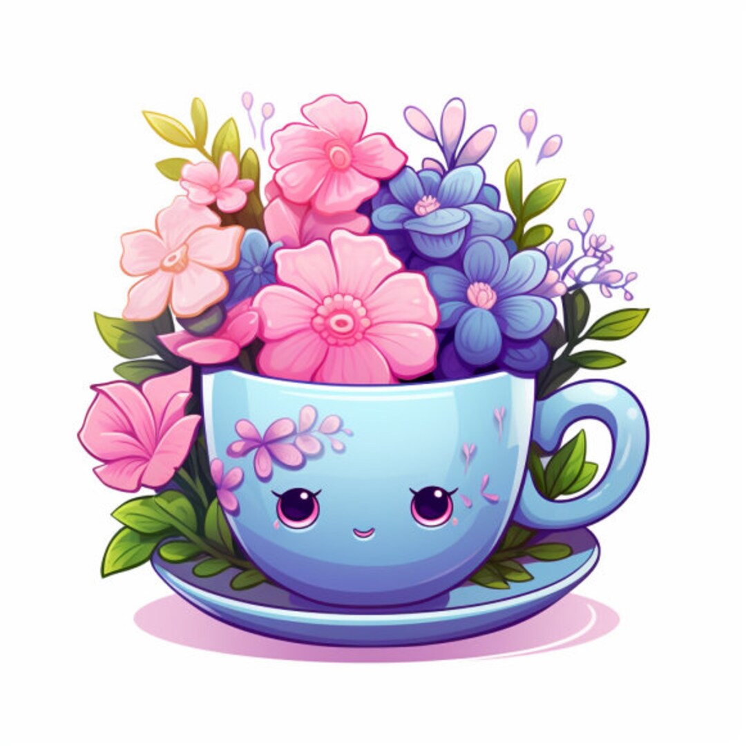 Anime Chibi Blue Teacup Flowers Cartoon Inspired Wall Art PRINTABLE Art ...