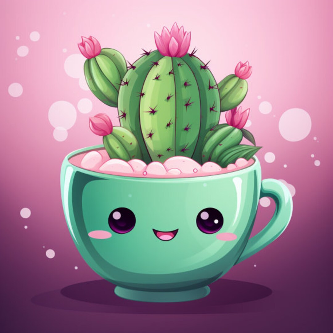 Anime Chibi Green Teacup Cactus Cartoon Inspired Wall Art PRINTABLE Art ...