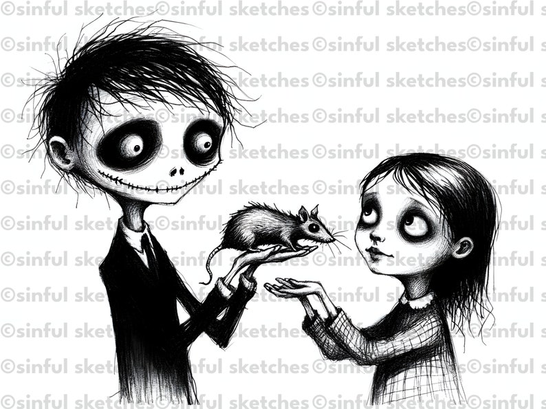 Tim Burton Style Digital Sketch PNG Gifted Rat, Dad Daughter Gift ...