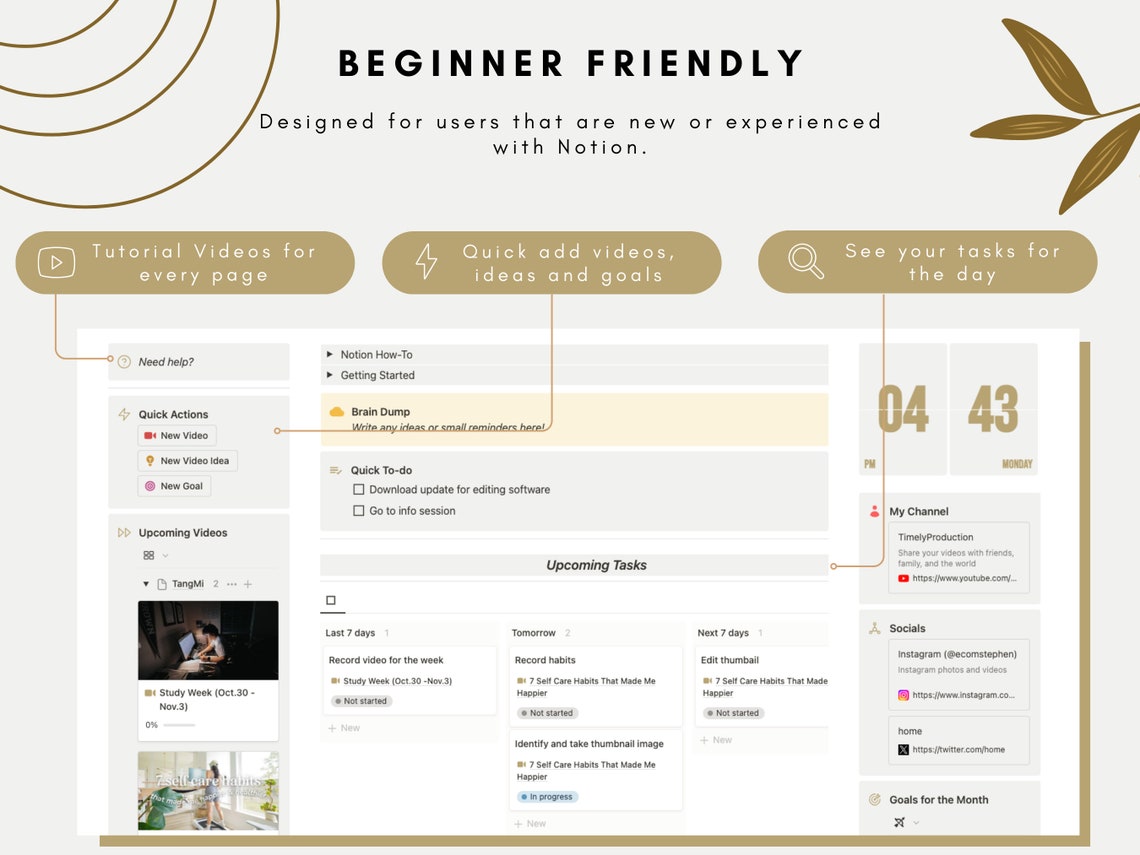 Youtube Content Planner, BOHO Aesthetic Notion Template, Minimal Content Calendar, Beginner ...