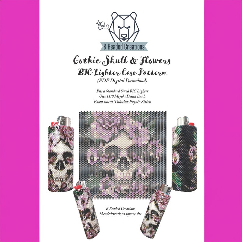 Beaded Gothic Skull & Flowers Lighter Case Tubular Peyote Stitch ...