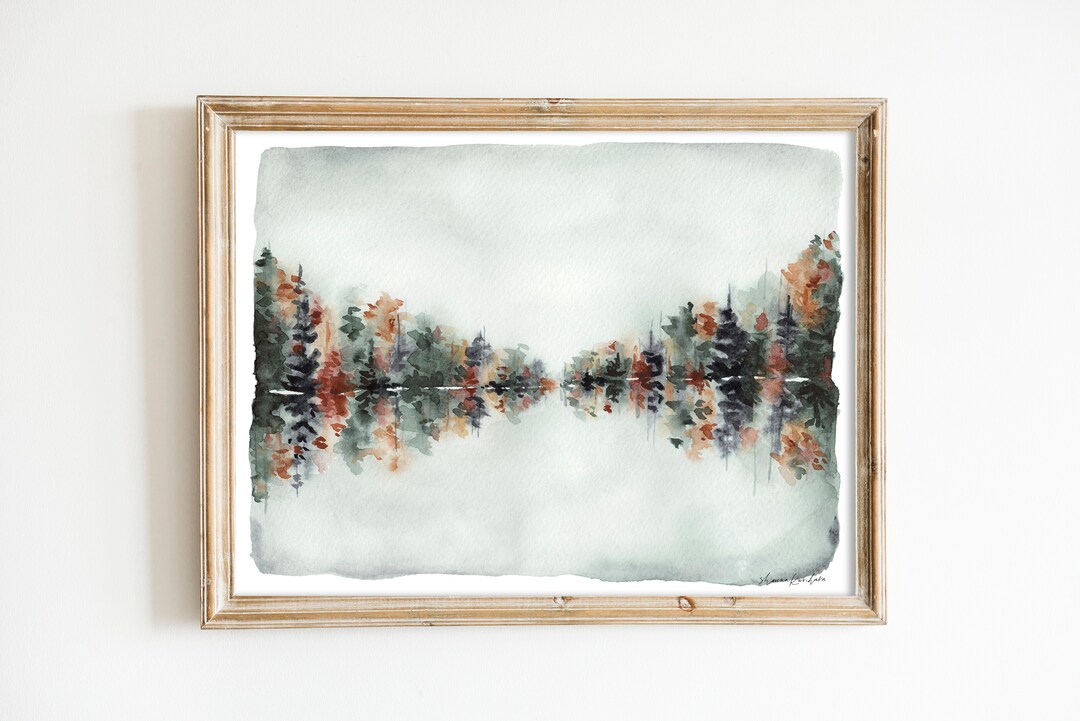 Blue Watercolor Tree Lake Reflections Painting | Tree Wall Art | Tree ...